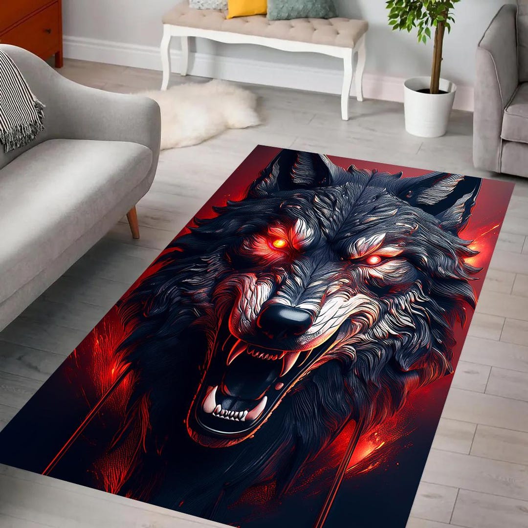 Fierce Rug, Wolf Head Rug, Fiery Glow Eyes, Bold Fur Design, Modern ...