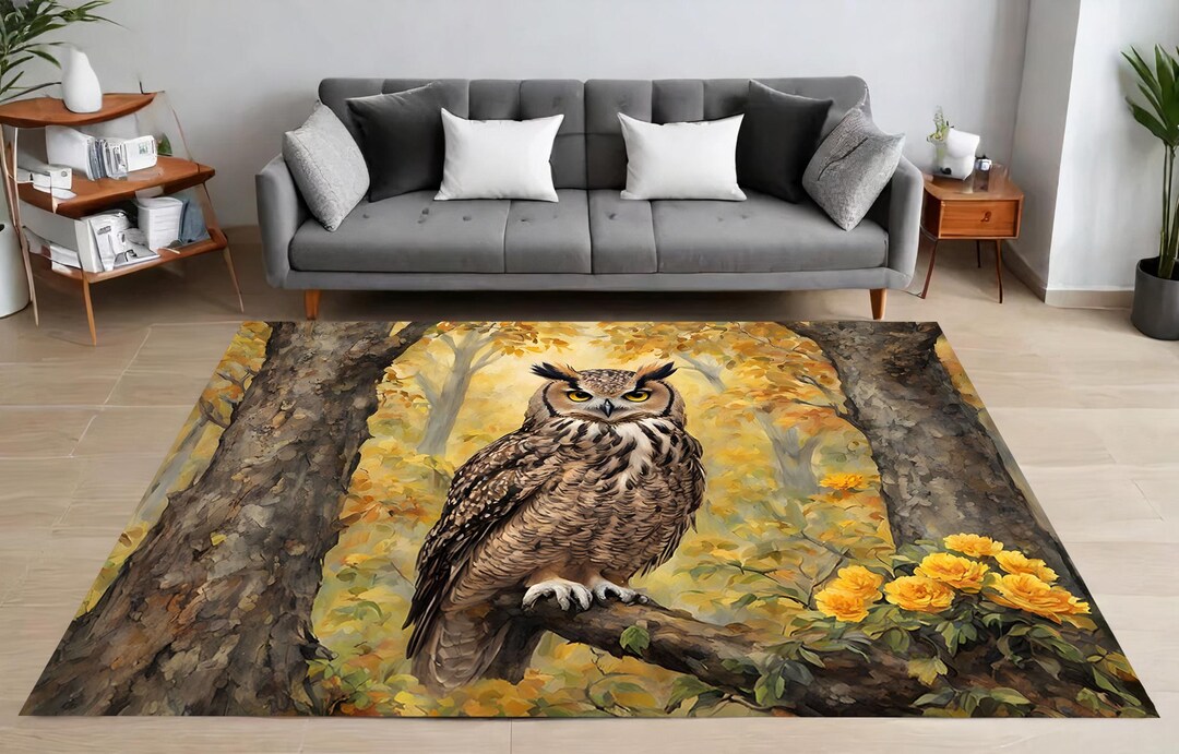 Great Horned Owl Rug, Autumn Tree Branch Rug, Majestic Wildlife Rug ...
