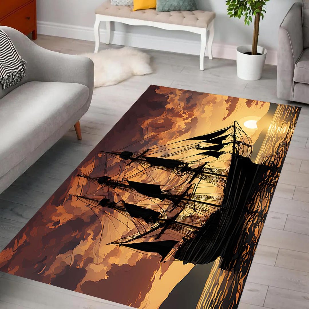 Vintage Sailing Ship Rug, Majestic Sunset, Nautical Decor, Silhouette ...
