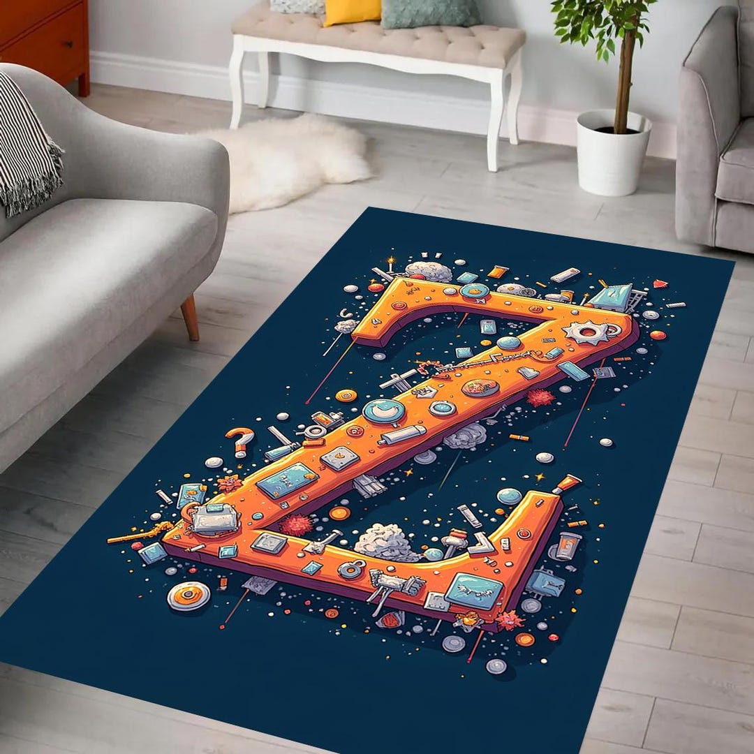 Playful Sci Fi Rug, Vibrant Design, Space Tools, Gadgets, Cosmic Chaos ...