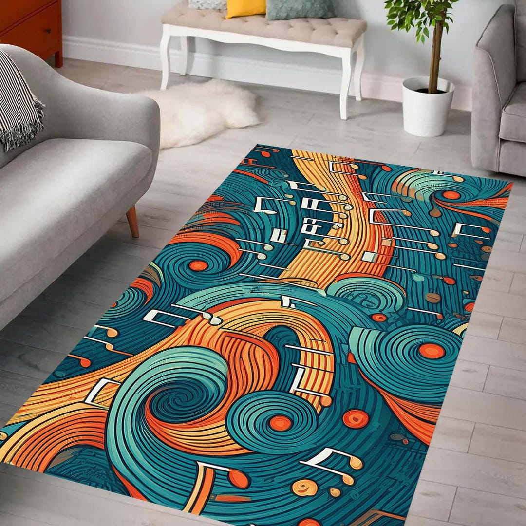 Energetic Music Notes Rug, Swirling Vibrant Waves, Abstract Art Design ...