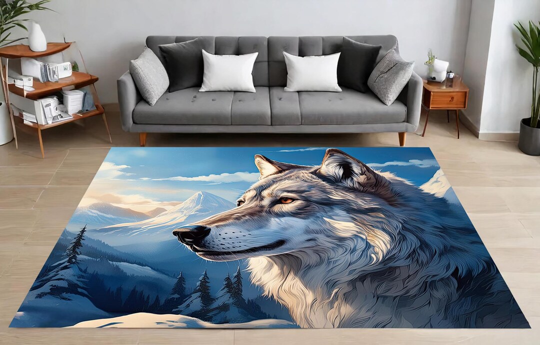 Majestic Wolf Rug , Winter Rug, Snow Covered Mountain Rug, Stunning Art ...