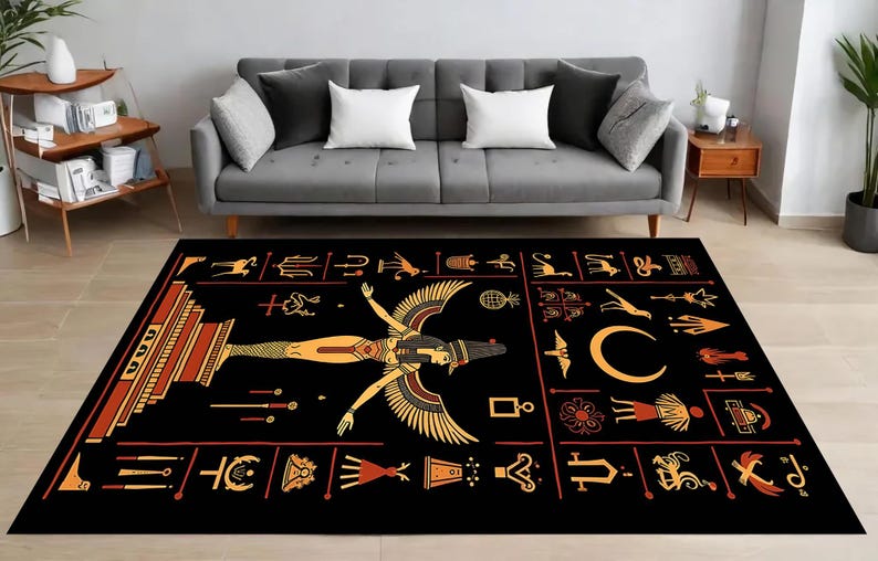 Ancient Egyptian Goddess Rug, Mystical Hieroglyphics, Winged Isis, Moon ...