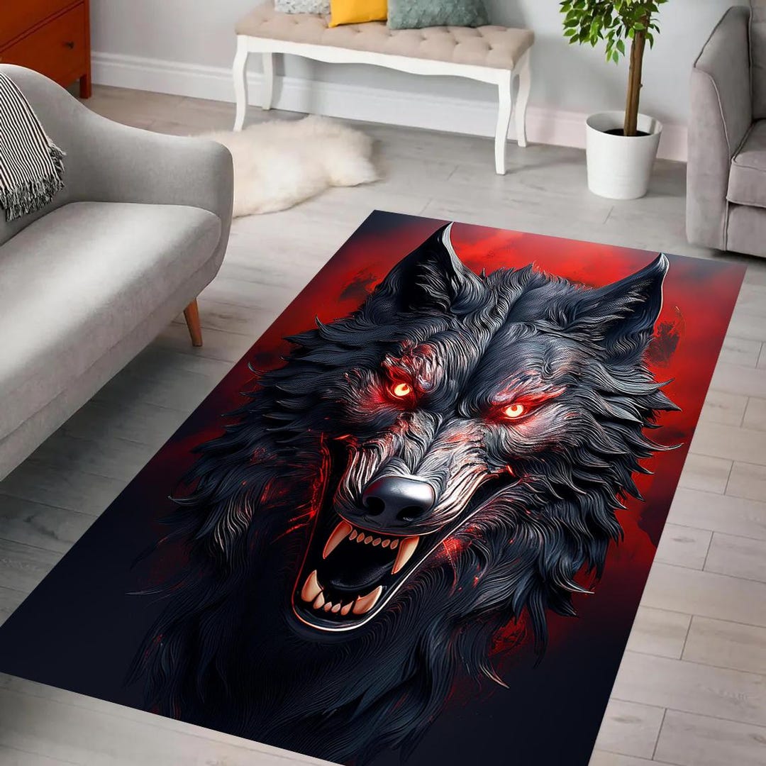 Fierce Wolf Head Rug, Dark, Fiery Design, Glowing Eyes, Gothic Home ...