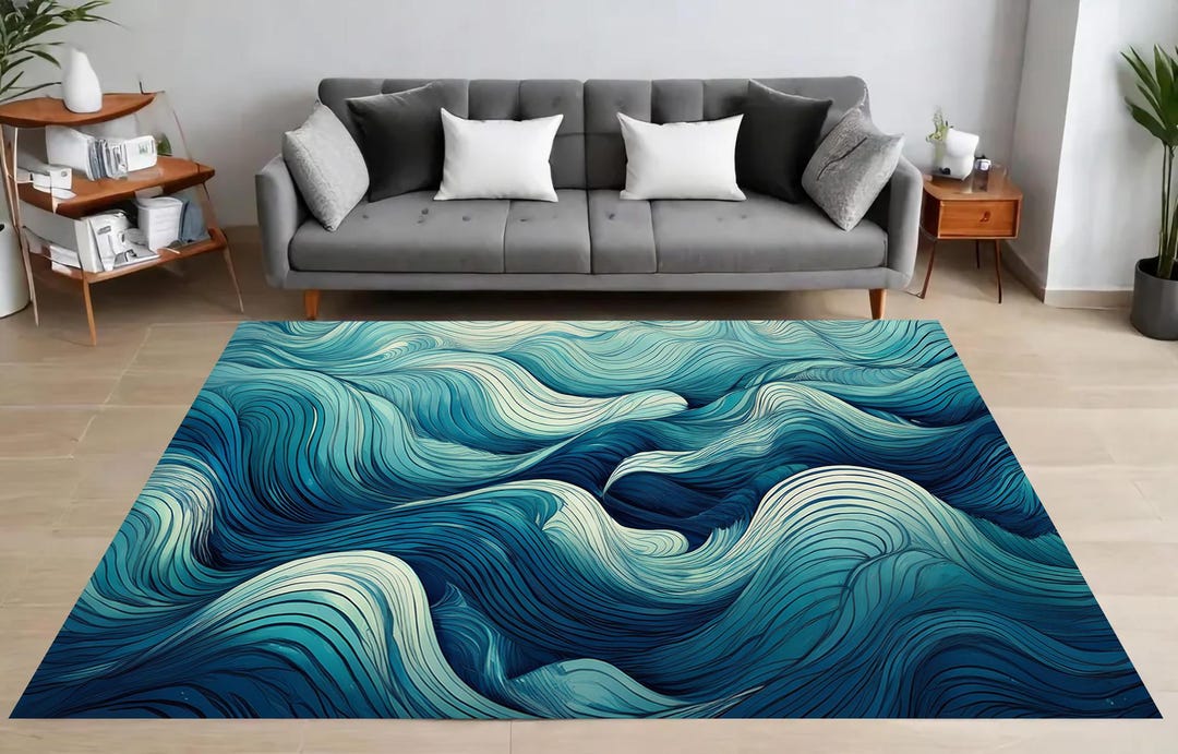 Wave Flow Rug, Abstract Ocean Design, Fluid Water Art, Serene Aqua ...