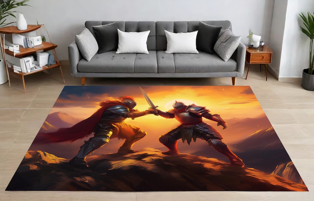Epic Knight Battle Rug, Dramatic Duel Rug, Mountain Rug, Stunning ...