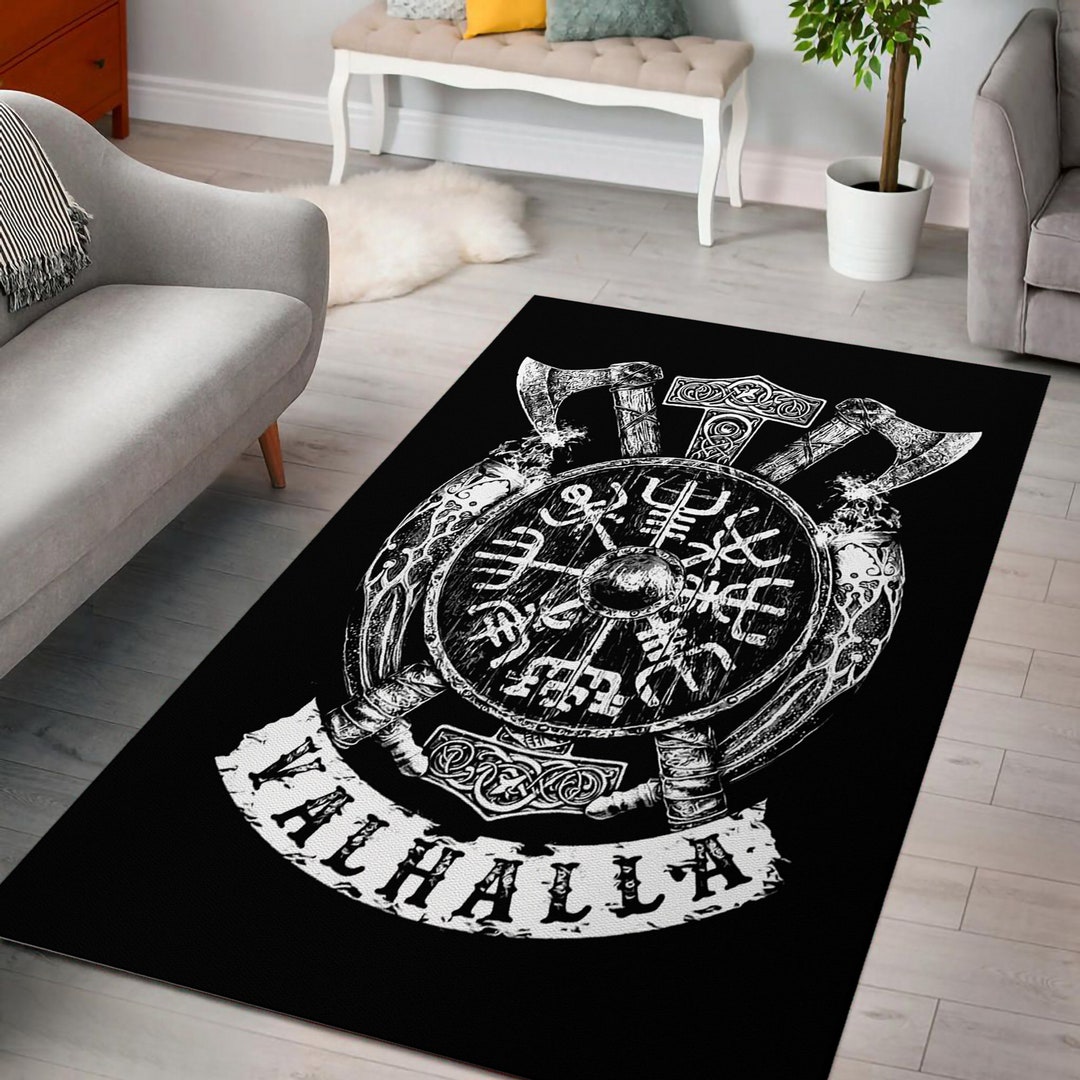 Viking Valhalla Rug, White Norse Symbols, Runic Shield, Crossed Axes ...