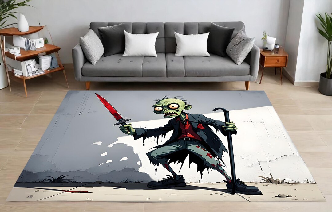 Zombie Cartoon Rug, Creepy Fun Rug, Horror Rug, Zombie Sword Rug, Rug ...