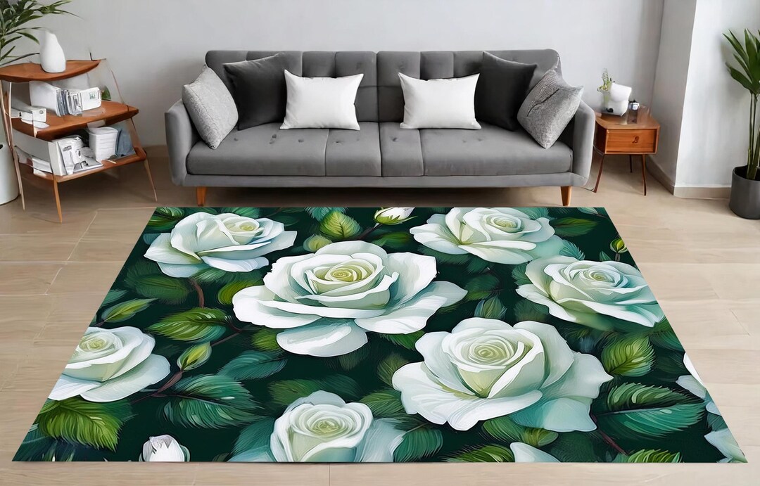 Elegant White Rose Rug, Greenery Rug, Floral Patter Rug, Nature ...