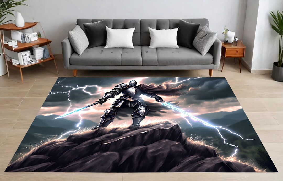 Storm Knight Rug, Lightning Warrior Rug, Medieval Rug, Thunderous Sky ...
