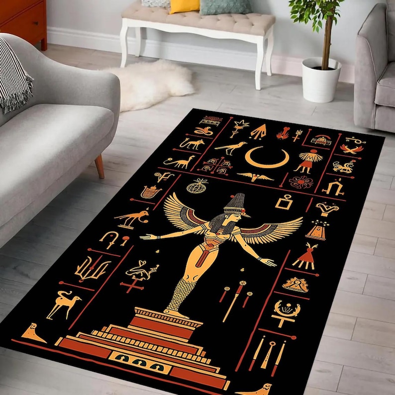 Ancient Egyptian Goddess Rug, Mystical Hieroglyphics, Winged Isis, Moon ...