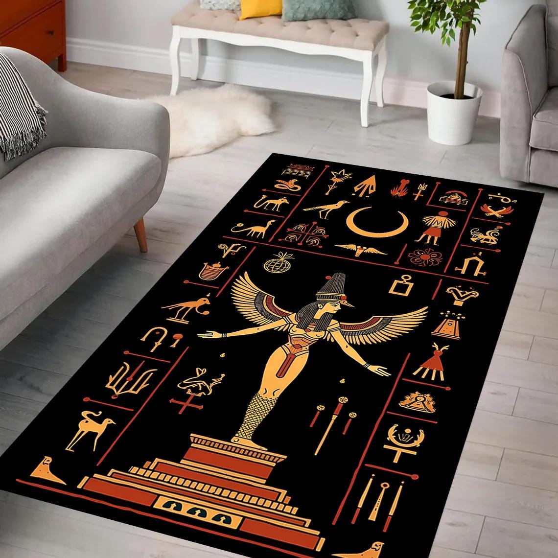 Ancient Egyptian Goddess Rug, Mystical Hieroglyphics, Winged Isis, Moon ...