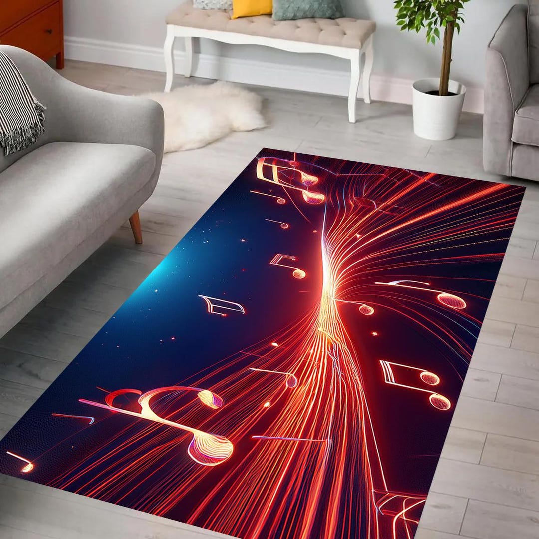 Musical Flow Rug, Neon Music Notes, Vibrant Design, Modern Art Rug ...