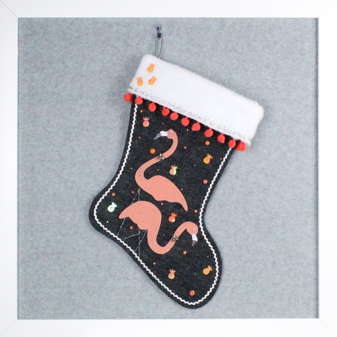 Flamingos #26 Christmas Stocking Dark Charcoal Gray Felt Coral Flamingo ...