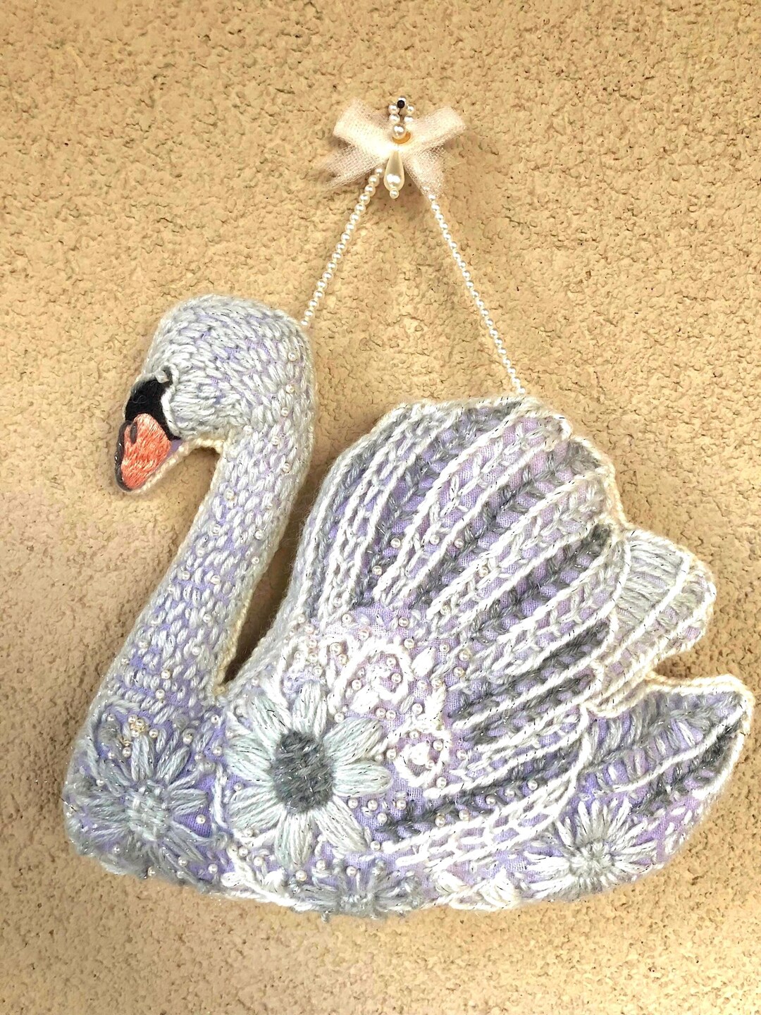 Hand Embroidered Swan Soft Sculpture Wall Hanging: Beaded Fiber Art ...