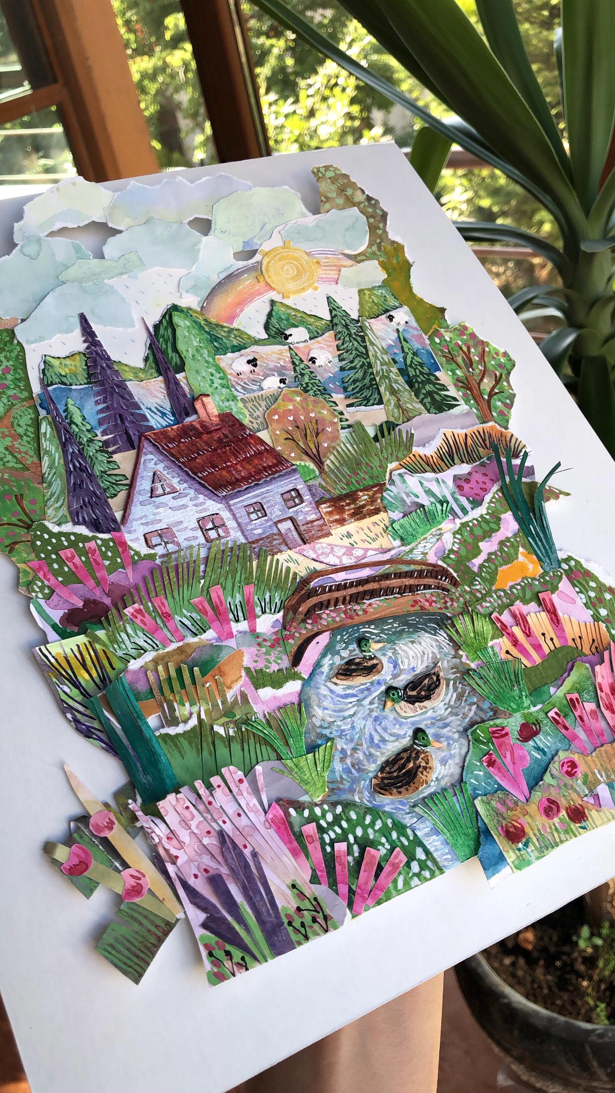 Hand Painted Paper Collage, Countryside Landscape With Trees, River ...