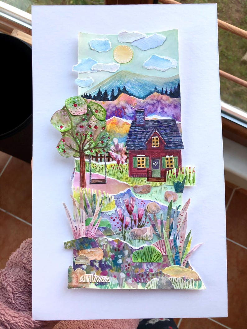 Original Cottage Landscape Paper Collage: Hand Painted Layered Paper ...