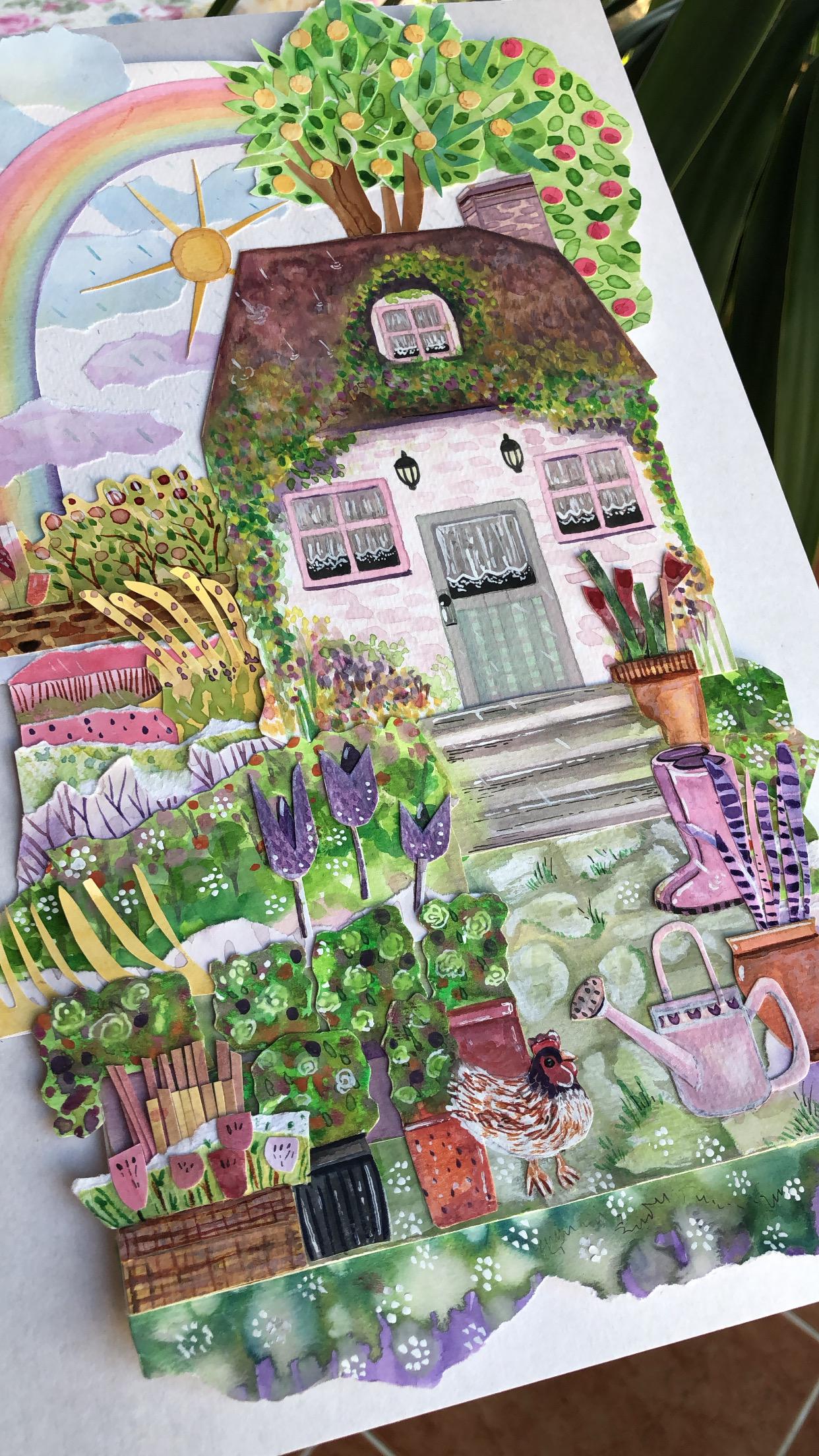 Original Cottage Garden Textured Paper Collage Art: Whimsical Rustic ...