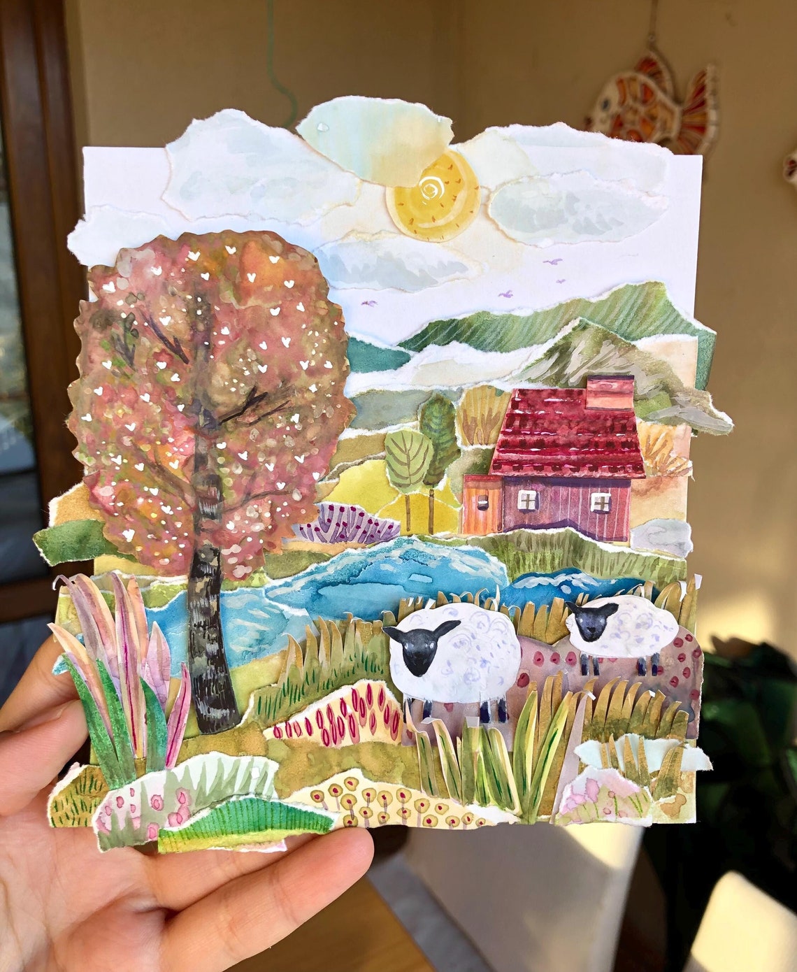 Original Landscape Paper Collage Art, Hand Painted Layered Paper Cut ...