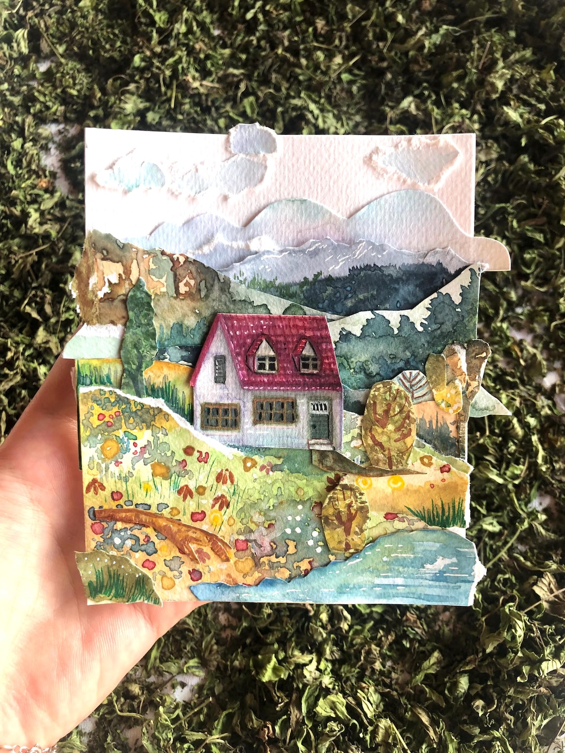 Original Landscape Collage Art: Hand-painted Paper Cut Cottage Scene - Etsy