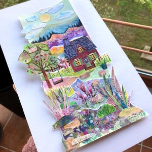 Original Cottage Landscape Paper Collage: Hand Painted Layered Paper ...