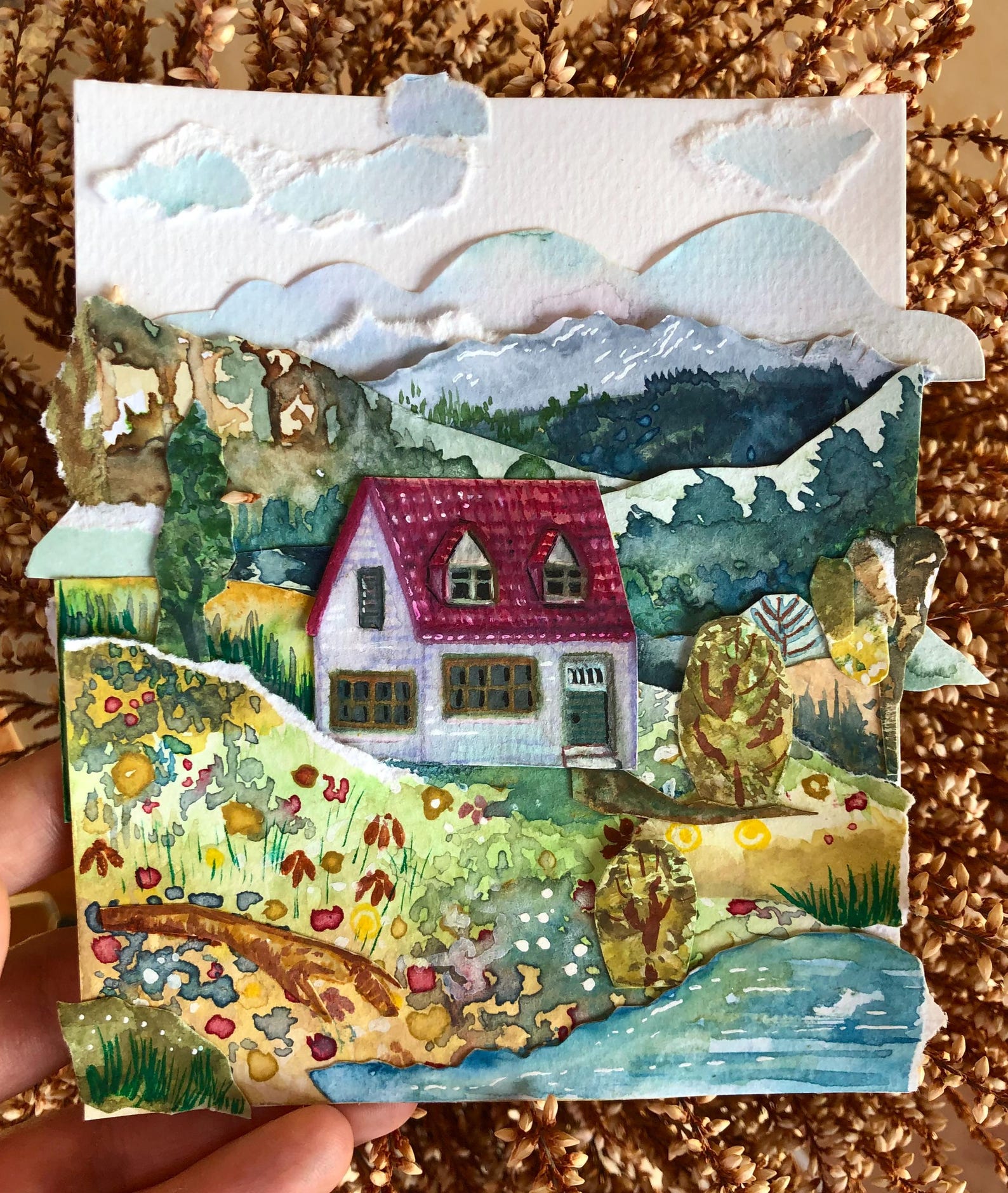 Original Landscape Collage Art: Hand-painted Paper Cut Cottage Scene - Etsy