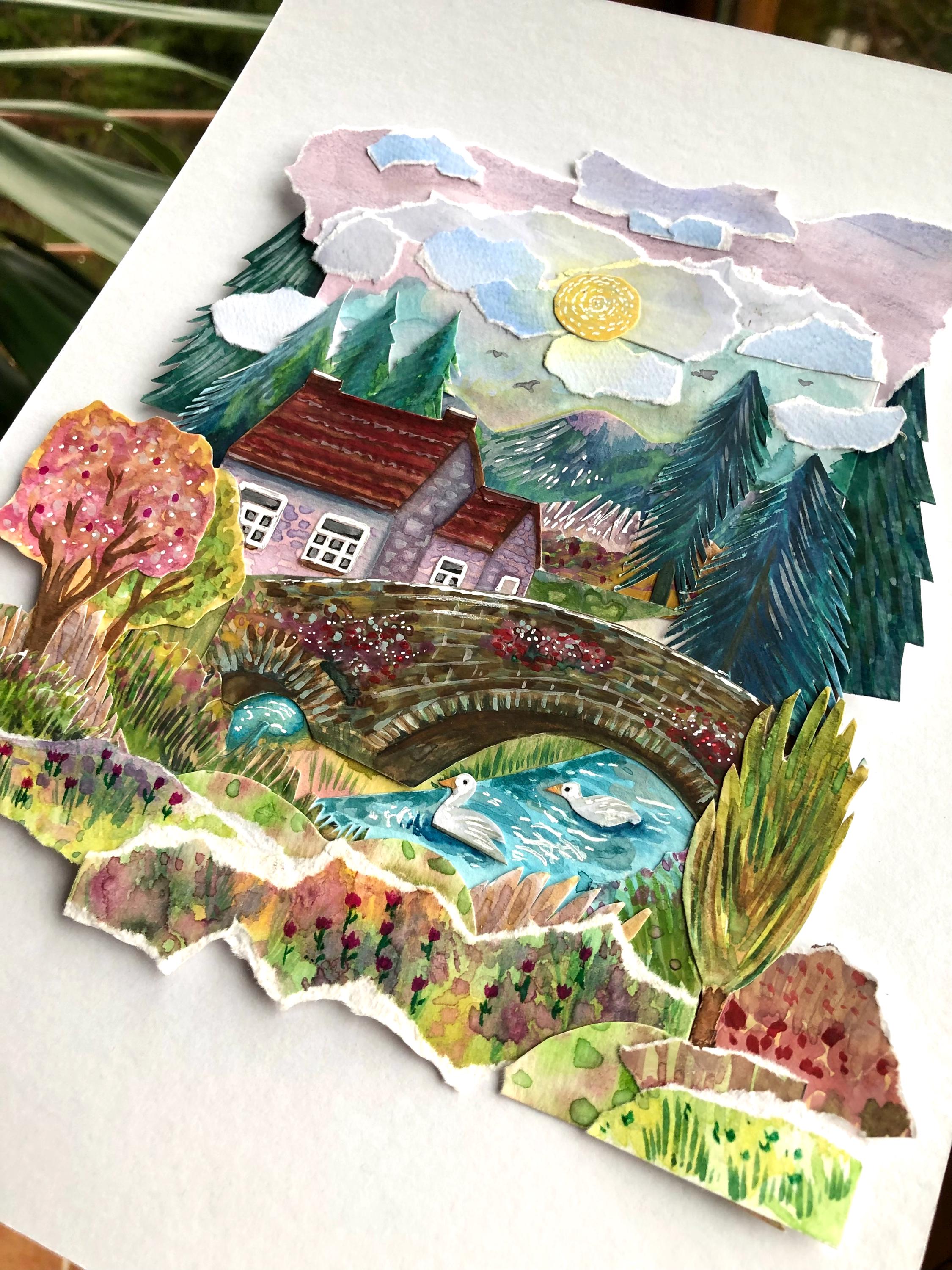 Hand Painted Cottage Landscape Paper Collage: Collectible Nature Wall ...