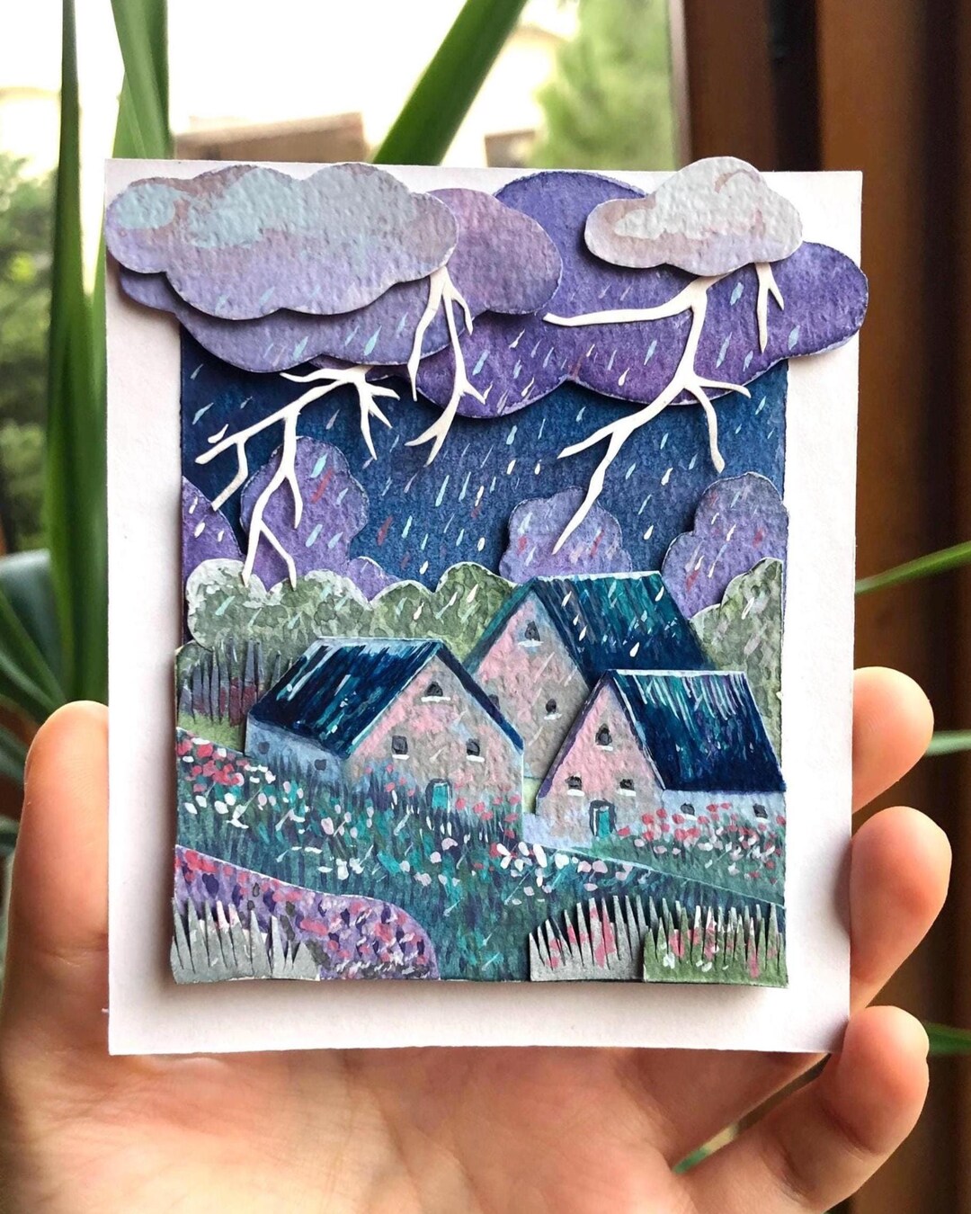 Stormy Night Cottage Paper Diorama: Original Country Landscape Collage ...