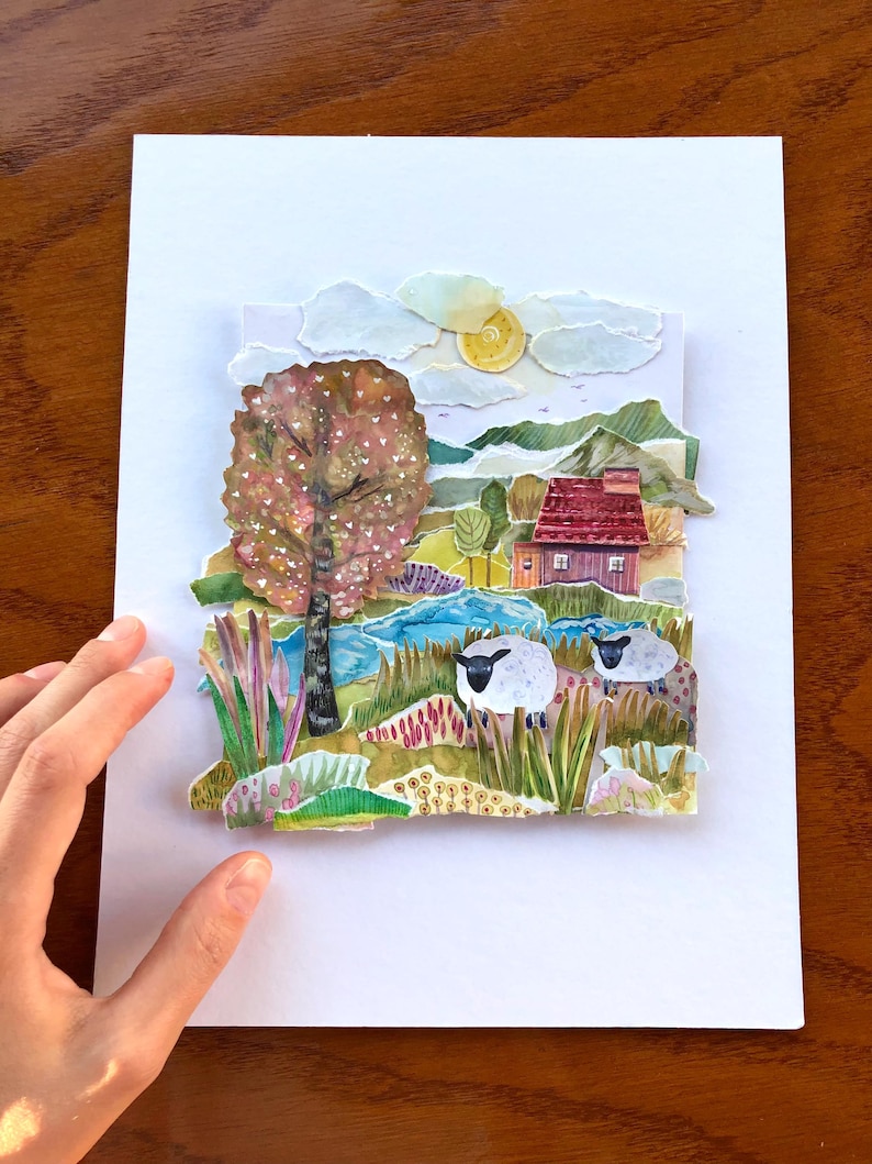 Original Landscape Layered Paper Collage Art: Hand Painted Mixed Media ...