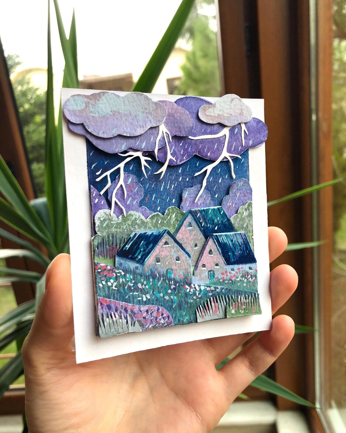 Stormy Night Cottage Paper Diorama: Original Country Landscape Collage ...