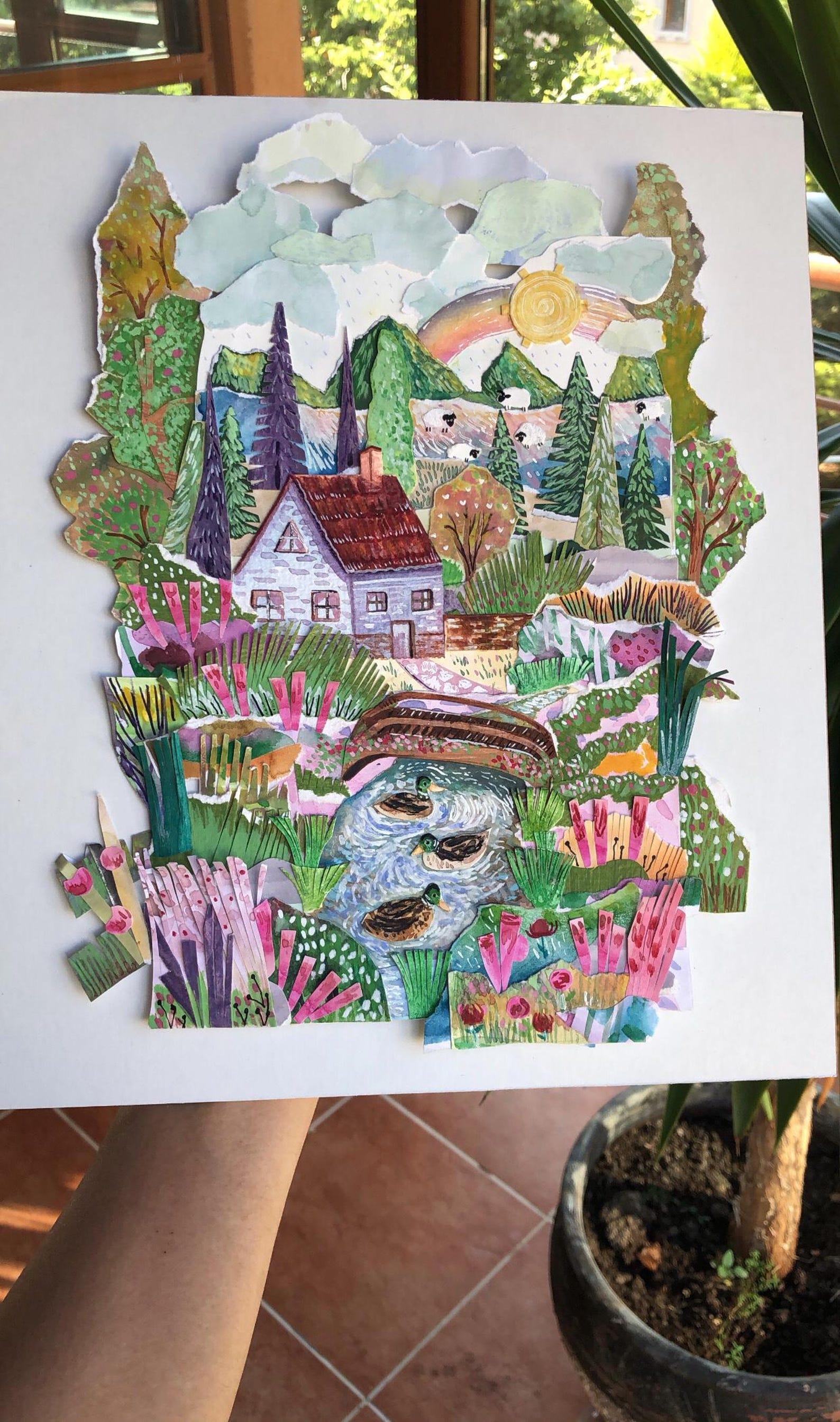 Hand Painted Paper Collage, Countryside Landscape With Trees, River ...