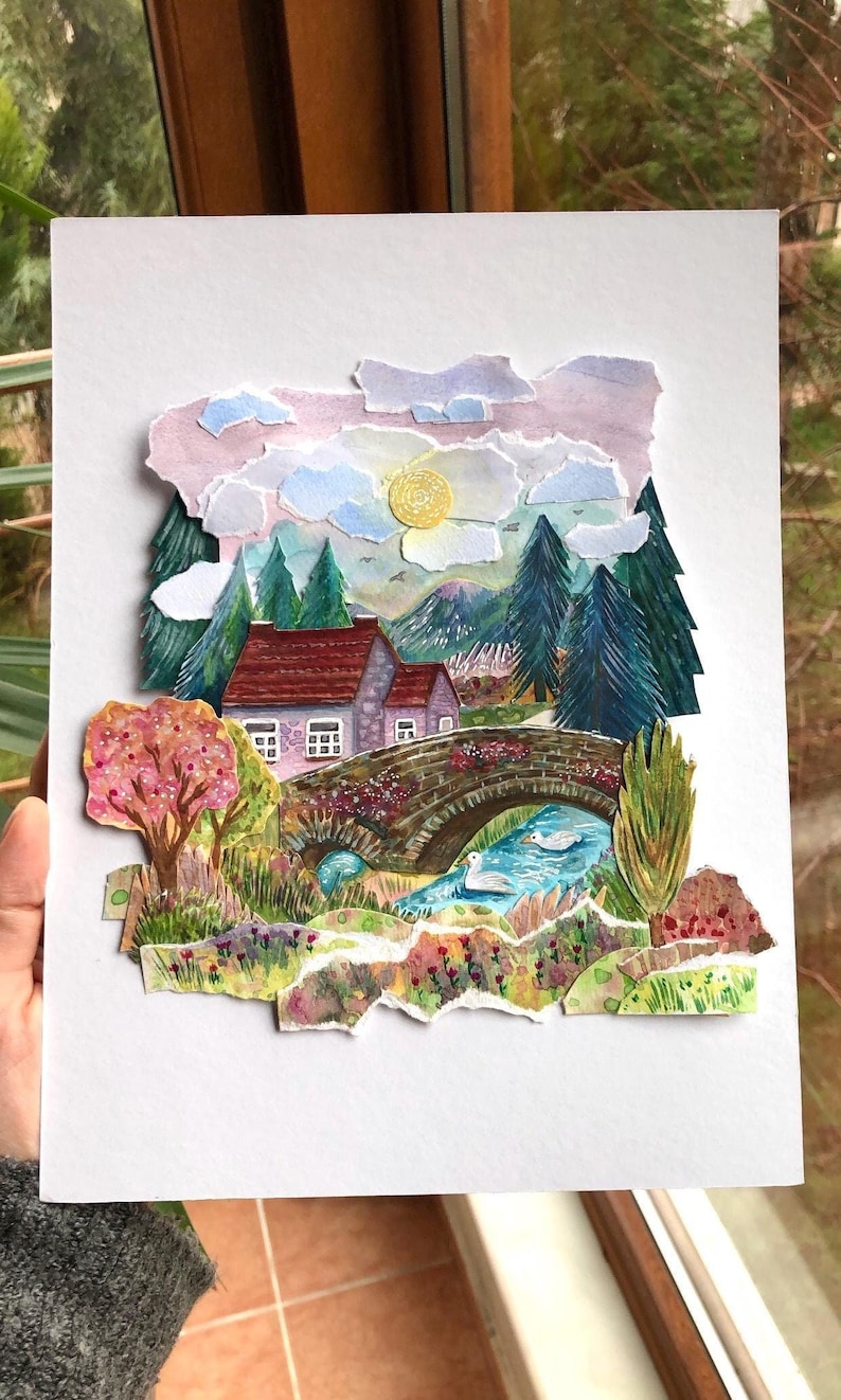 Hand Painted Cottage Landscape Paper Collage: Collectible Nature Wall ...