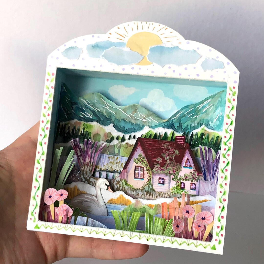 Handmade Box Paper Diorama Art, Nature Landscape Mixed Media Artwork ...