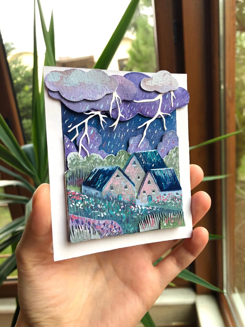 Stormy Night Cottage Paper Diorama: Original Country Landscape Collage ...