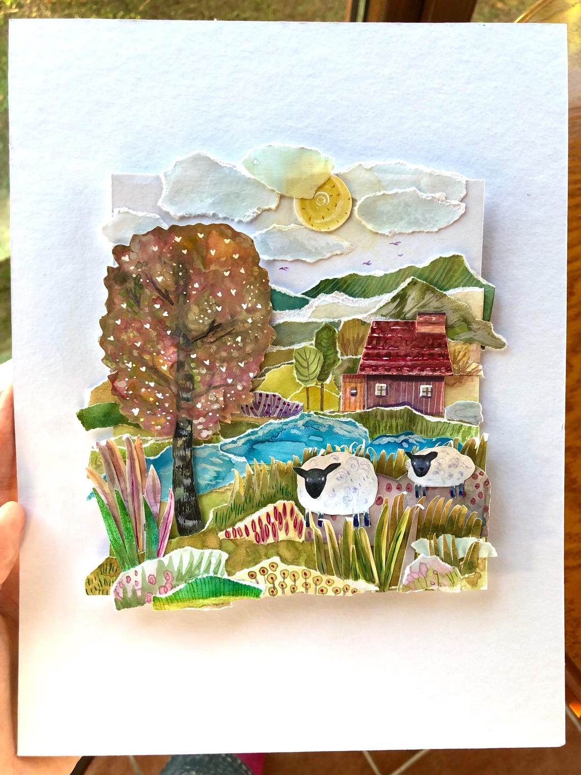 Original Landscape Paper Collage Art, Hand Painted Layered Paper Cut ...