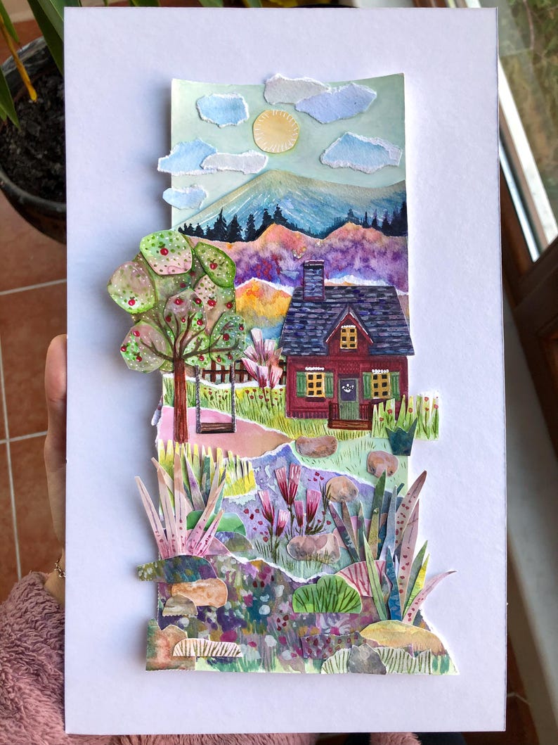 Original Cottage Landscape Paper Collage: Hand Painted Layered Paper ...