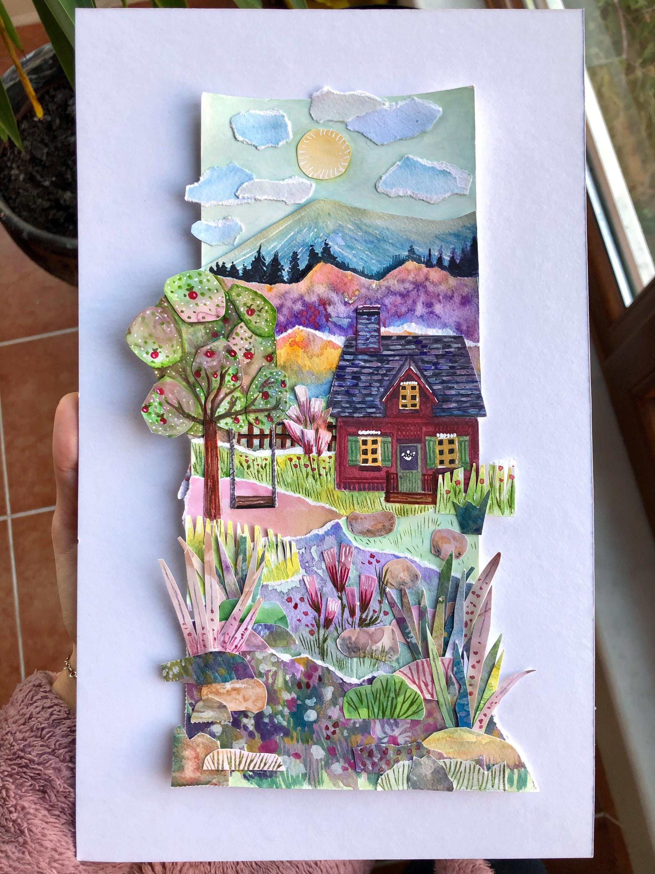 Original Cottage Landscape Paper Collage: Hand Painted Layered Paper ...