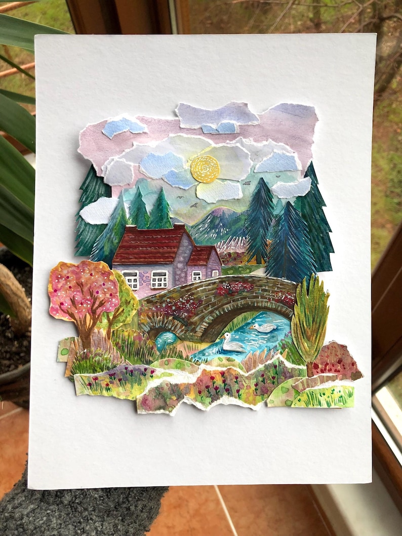 Hand Painted Cottage Landscape Paper Collage: Collectible Nature Wall ...