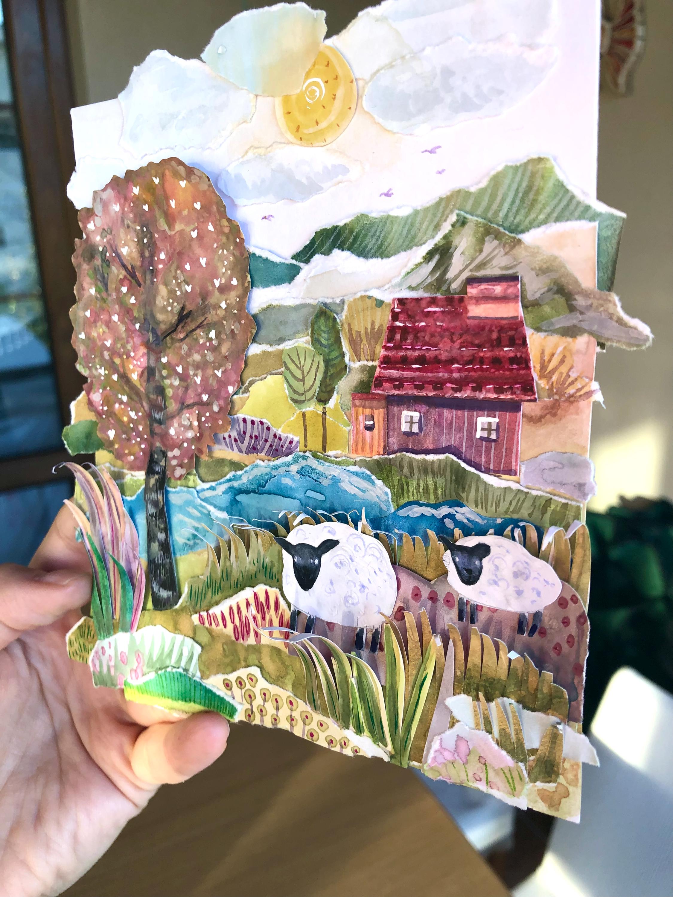 Original Landscape Paper Collage Art, Hand Painted Layered Paper Cut ...