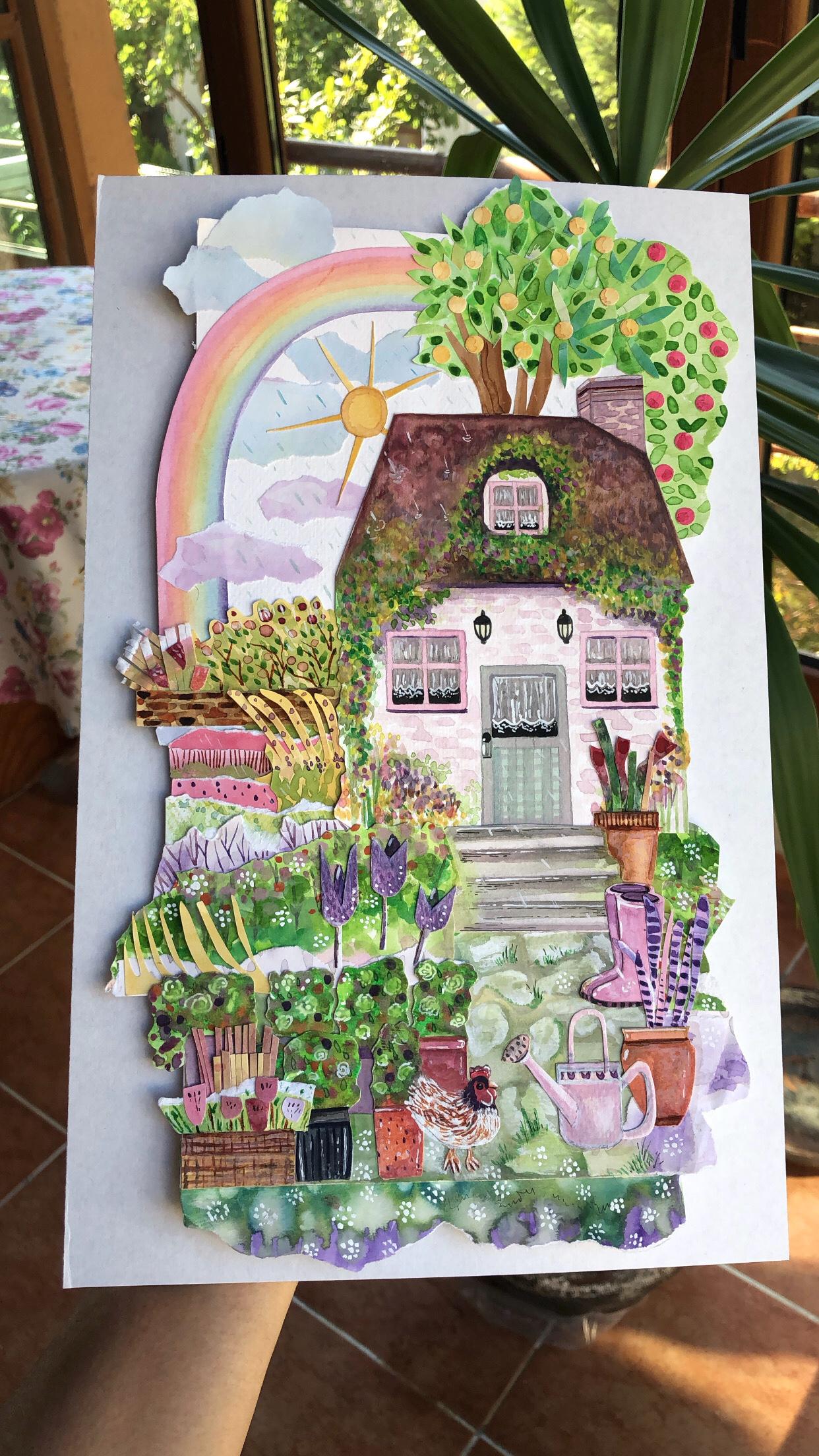 Original Cottage Garden Textured Paper Collage Art: Whimsical Rustic ...