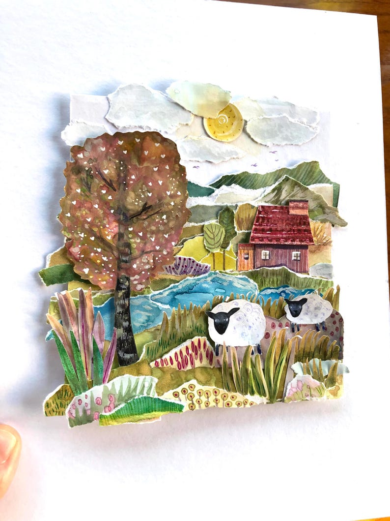 Original Landscape Paper Collage Art: Hand-painted Mixed Media ...