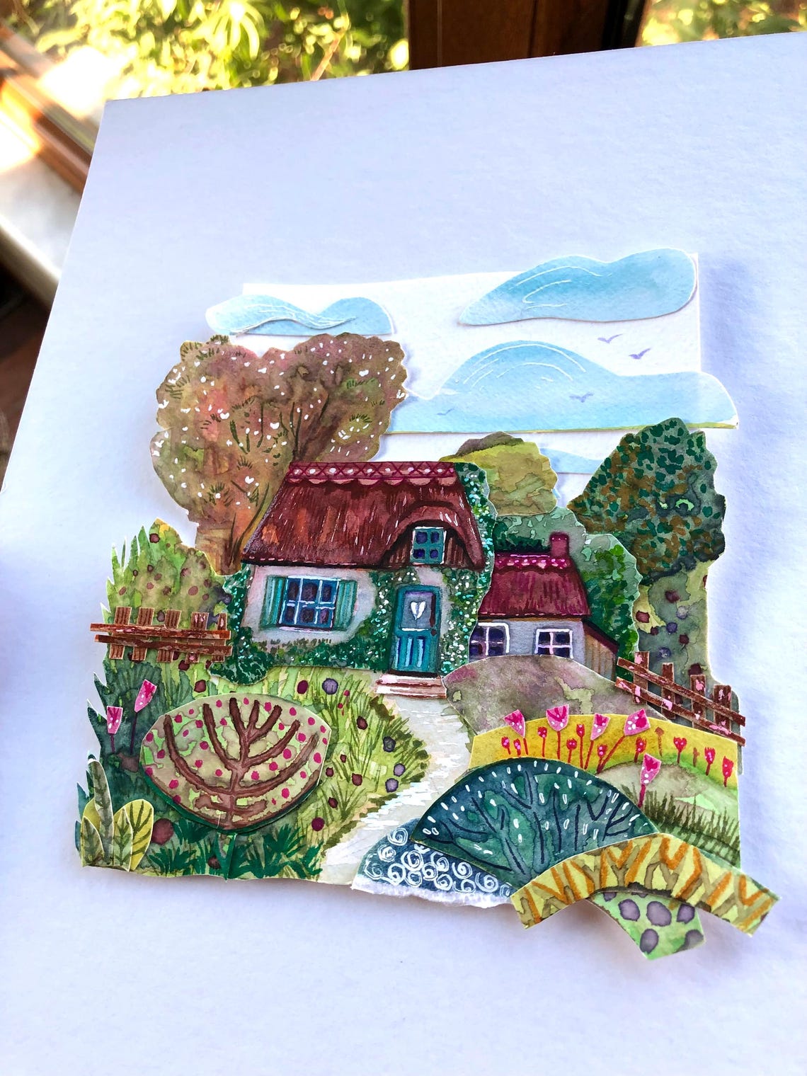 Original Landscape Paper Collage, Hand Painted Layered Paper Art, Mixed ...