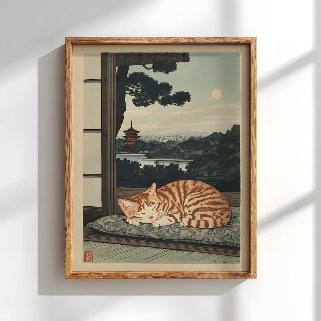Japanese Woodblock Cat Poster: Sleeping Cat Wall Art, Gift for Zen ...