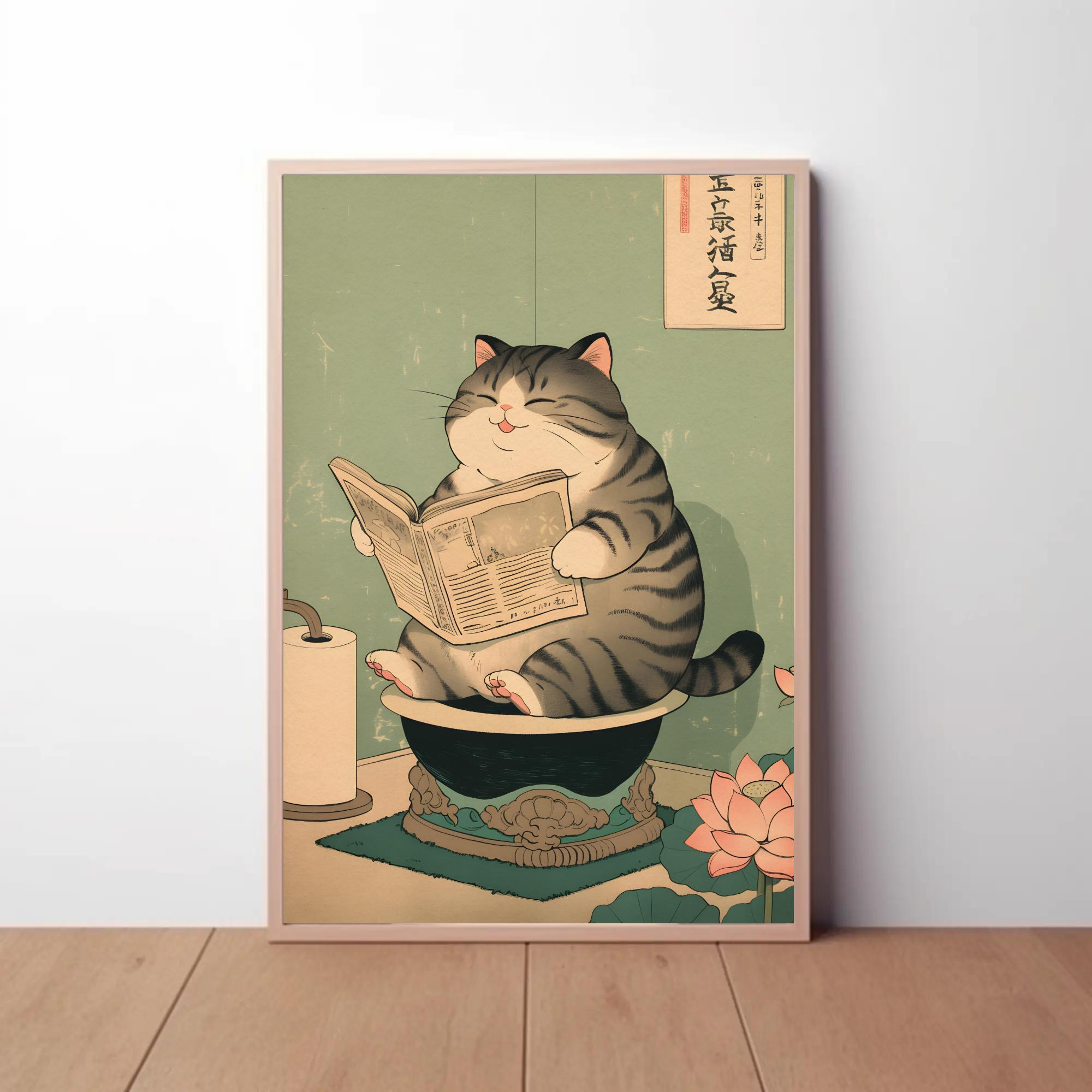 Quirky Tabby Cat Toilet Poster: Japanese Onsen Illustration, Lotus Zen ...