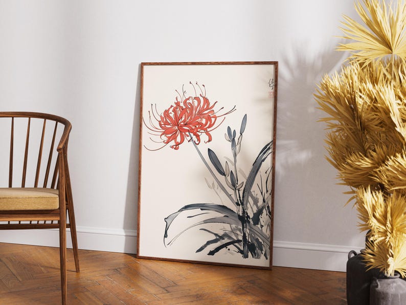 Red Spider Lily Poster: Japanese Ink Flower, Qi Baishi Inspired Sumi-e ...