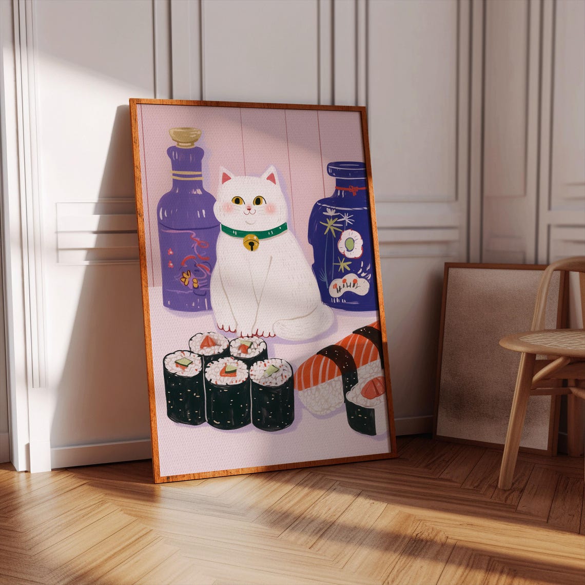 Maneki Neko Poster, Cat Eating Noodles and Dumplings, Kitchen Wall Art, Japanese Cat, Digital ...