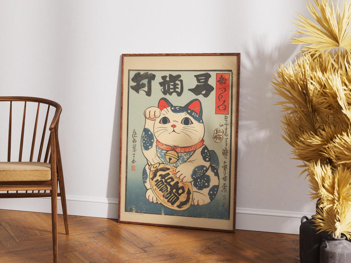Lucky Cat Poster Japanese Maneki Neko Wall Art: Vintage Japanese Decor ...