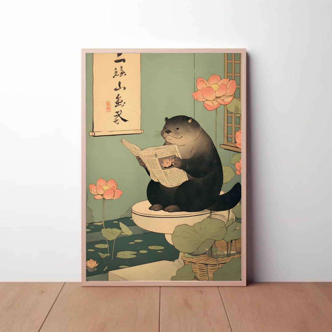 Otter on Toilet Wall Art, Funny Japanese Bathroom Print, Japandi Art ...