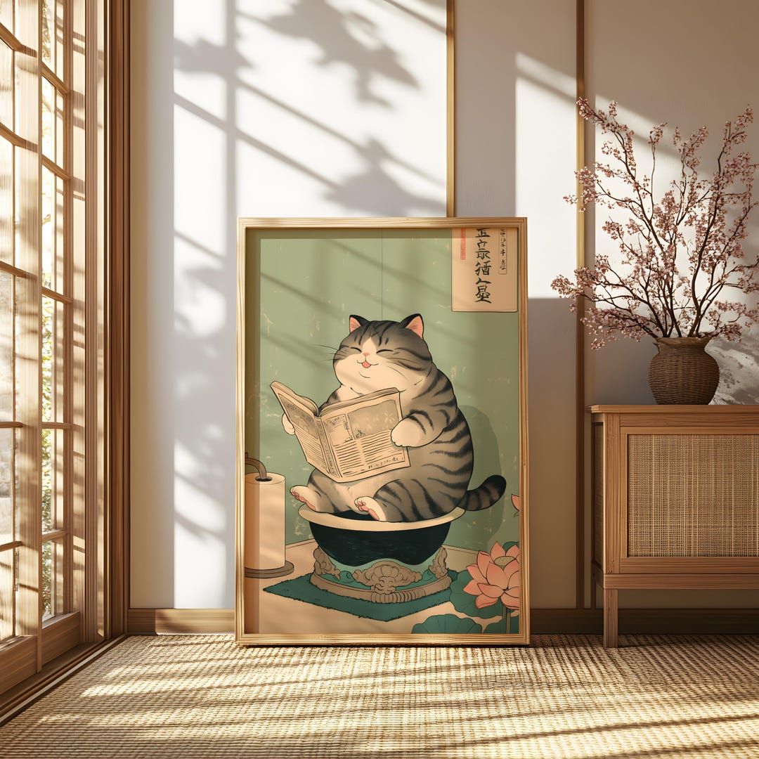 Quirky Tabby Cat Toilet Poster: Japanese Onsen Illustration, Lotus Zen ...