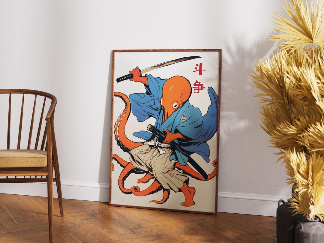 Octopus Poster, Ninja Poster, Bold Ninja Octopus Illustration, Japandi ...